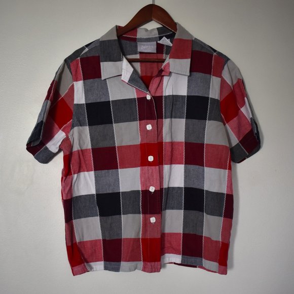 Vintage | Tops | Vintage Red And Black Checkered Squares Button Up ...